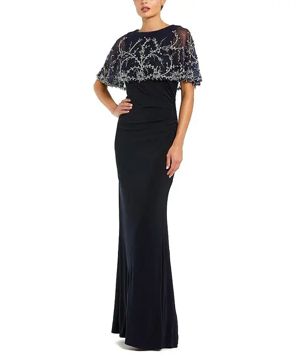 Mac Duggal Fitted Jersey Embellished Cape Gown