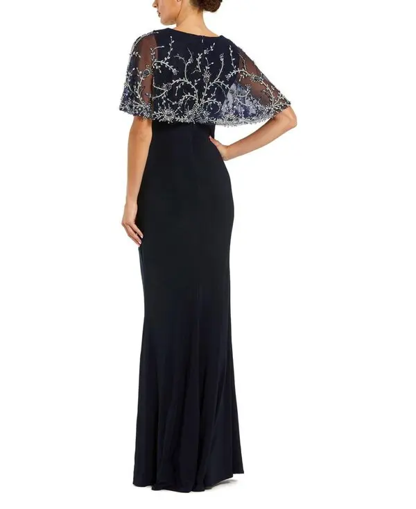 Mac Duggal Fitted Jersey Embellished Cape Gown
