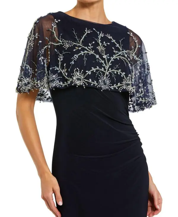 Mac Duggal Fitted Jersey Embellished Cape Gown