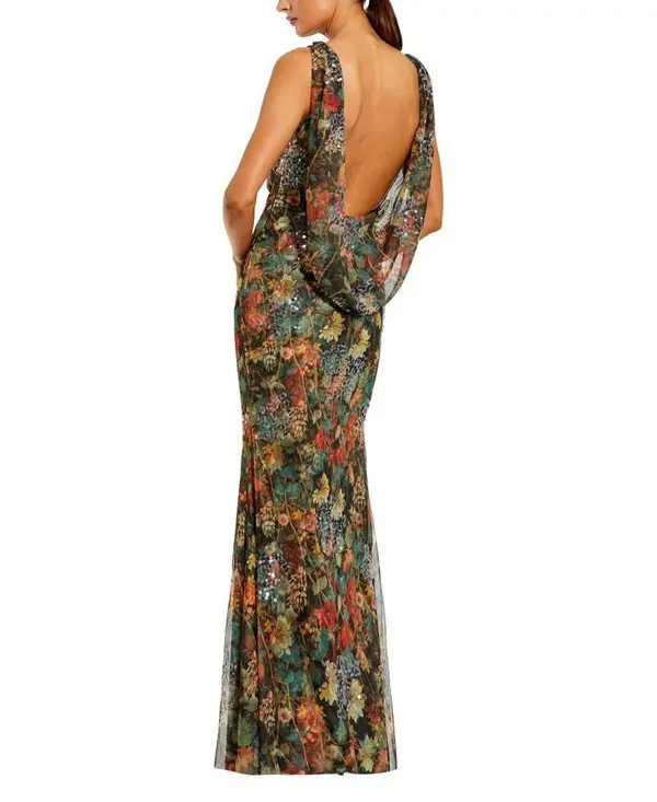 Mac Duggal Printed Mesh Cowl Back Column Gown