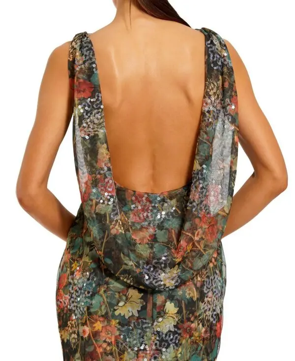 Mac Duggal Printed Mesh Cowl Back Column Gown