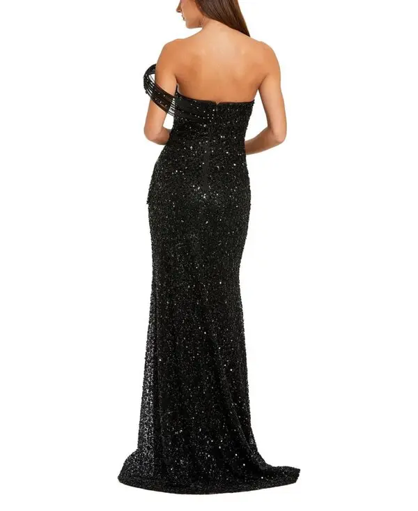Mac Duggal Embellished Strapless High Slit Drape Gown