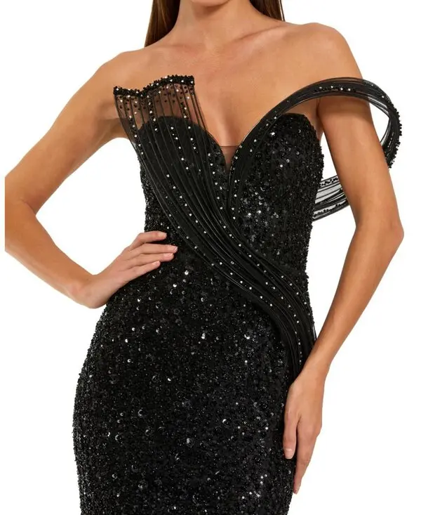 Mac Duggal Embellished Strapless High Slit Gown