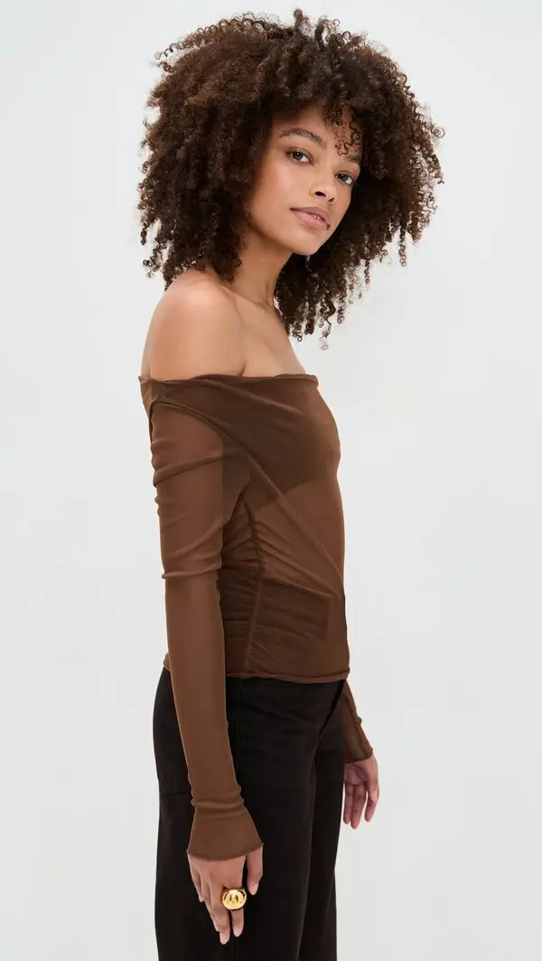 LE BOP Scarlet Off-shoulder Mesh Top - Brown
