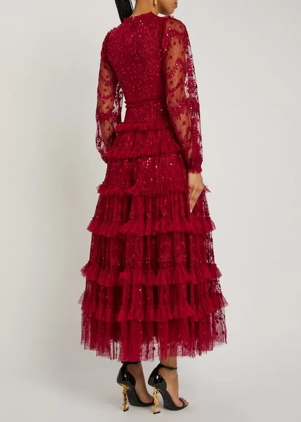 NEEDLE & THREAD Blossom Lace Gown - Red