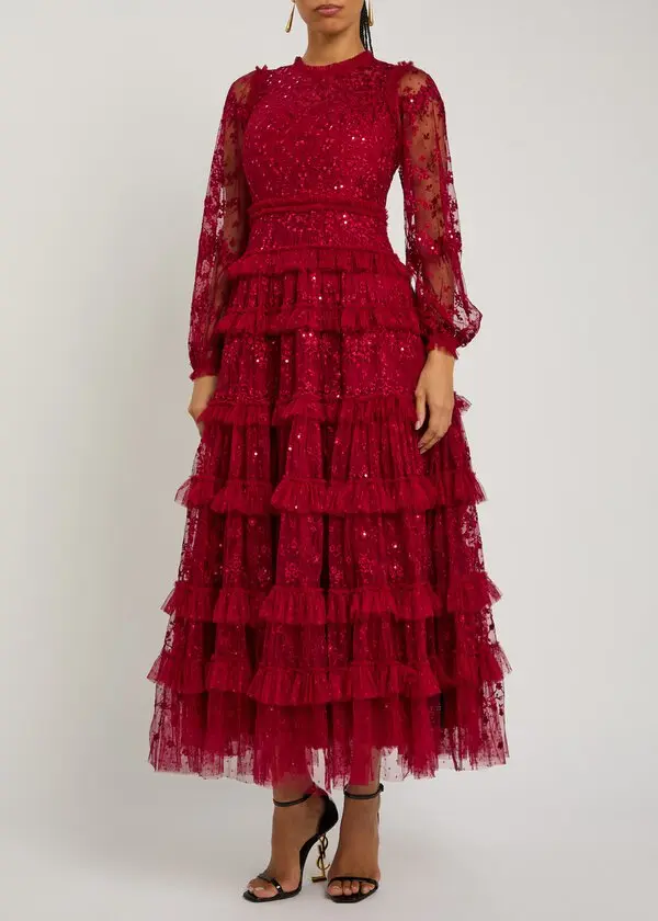 NEEDLE & THREAD Blossom Lace Gown - Red