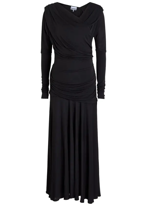 GANNI Ruched Wrap-effect Mesh Maxi Dress