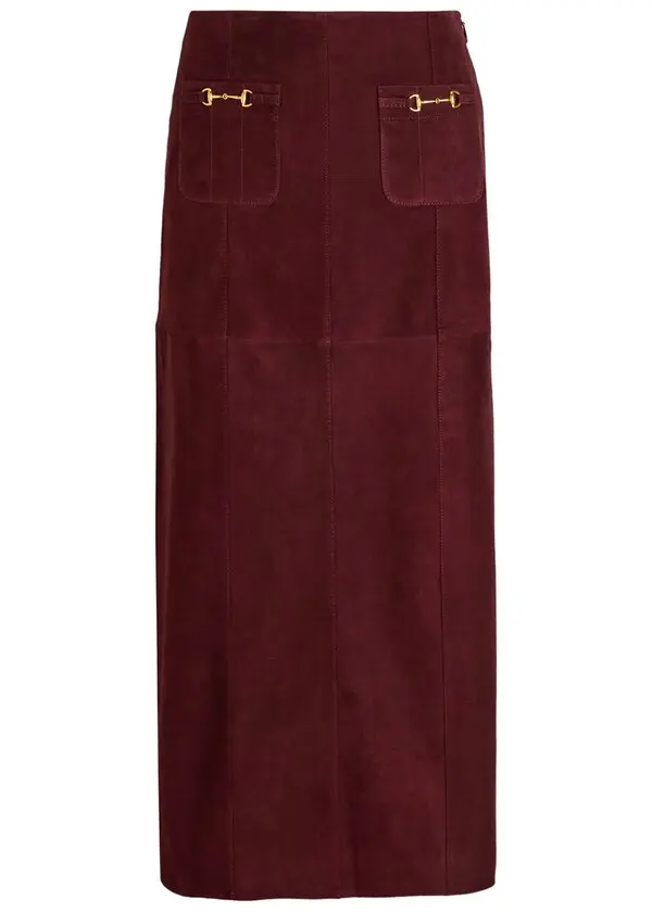 Rixo Horsebit-embellished Suede Midi Skirt - Maroon