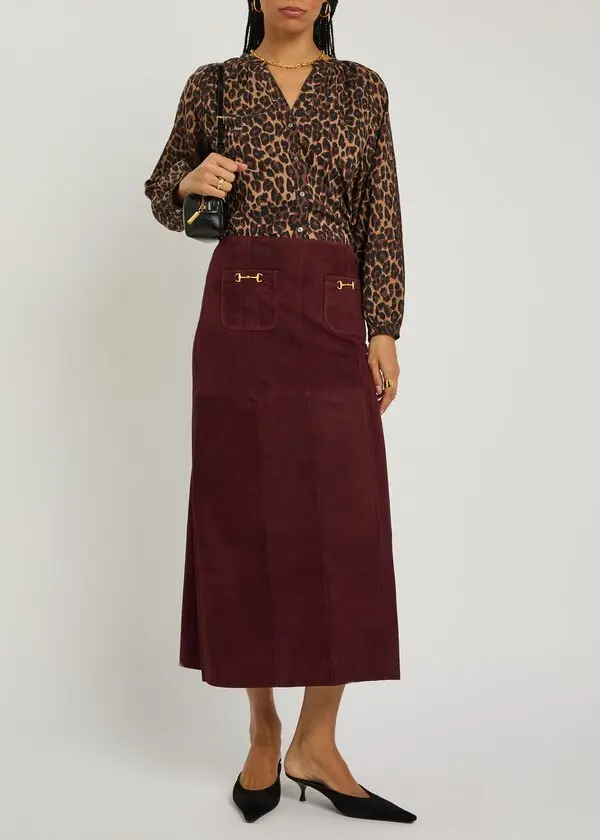 Rixo Horsebit-embellished Suede Midi Skirt - Maroon