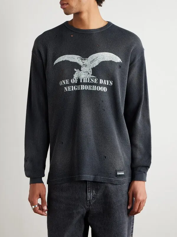 NEIGHBORHOOD Ootd Distressed Printed Waffle-knit Cotton T-shirt