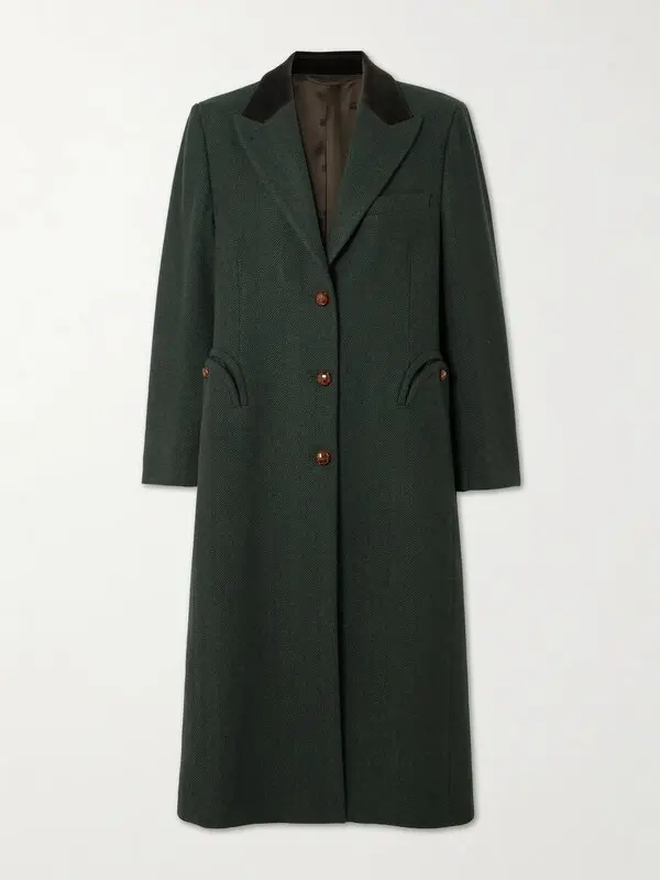 BLAZÉ MILANO Heck Velvet-trimmed Herringbone Wool Coat - Green