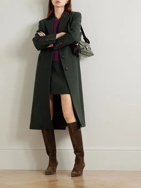 BLAZÉ MILANO Heck Velvet-trimmed Herringbone Wool Coat - Green