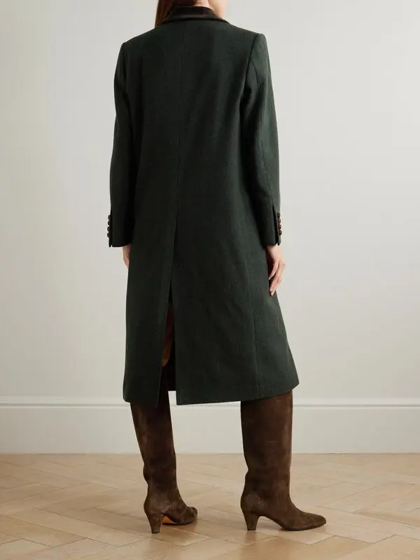 BLAZÉ MILANO Heck Velvet-trimmed Herringbone Wool Coat - Green