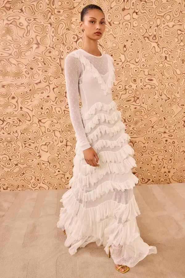 fitted lace wedding dress Blue Embroidered Long Sleeve Ruffled Tiered Dress main image 1
