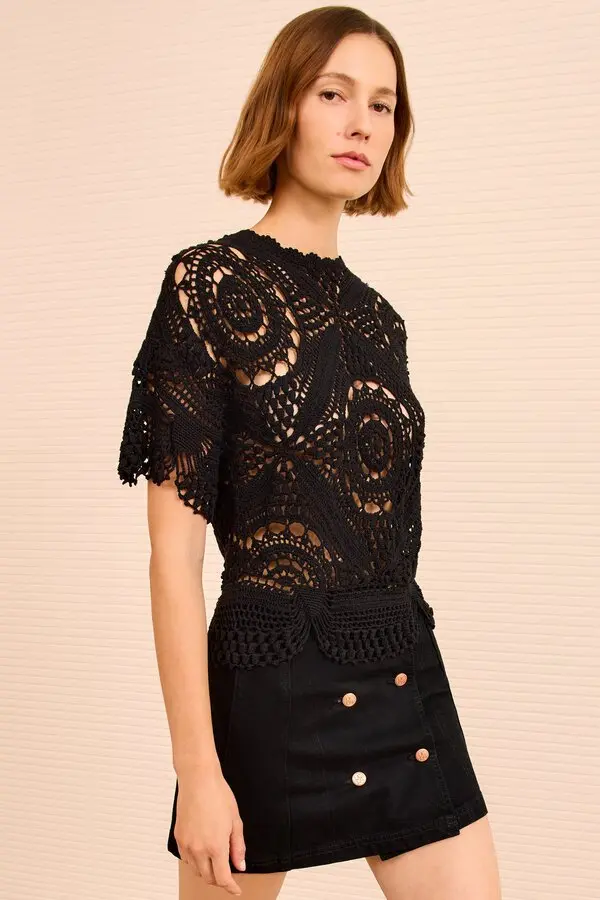 Ulla Johnson Maddalena Short Sleeve Hand Crochet Top - Noir
