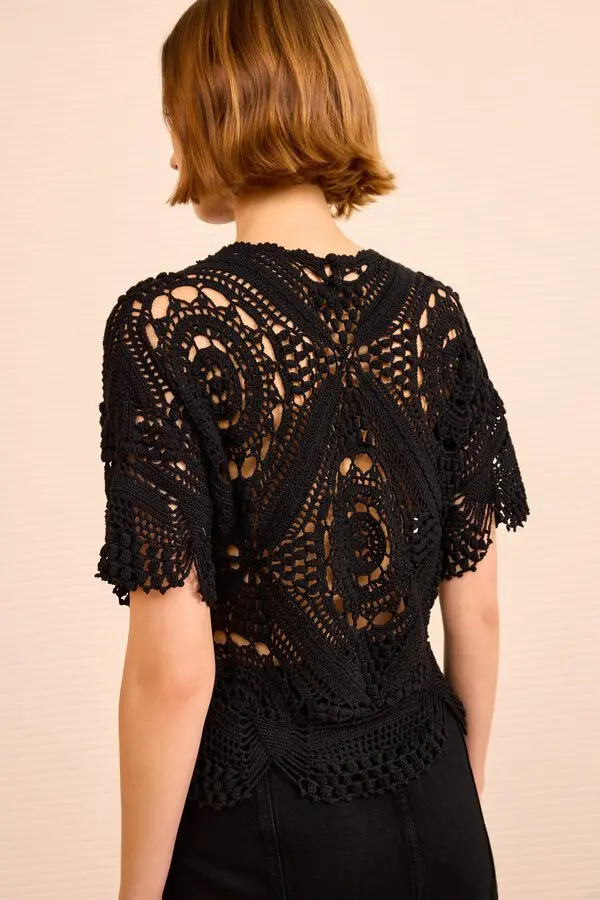 Ulla Johnson Maddalena Short Sleeve Hand Crochet Top - Noir