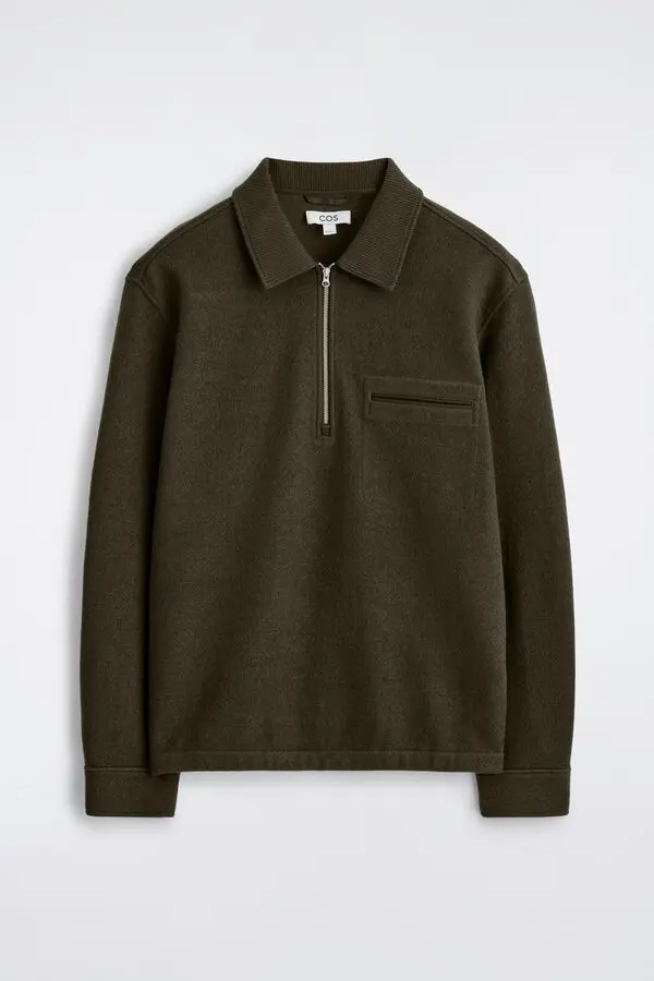 Cos Boiled Wool Zip-up Polo Sweater - Green