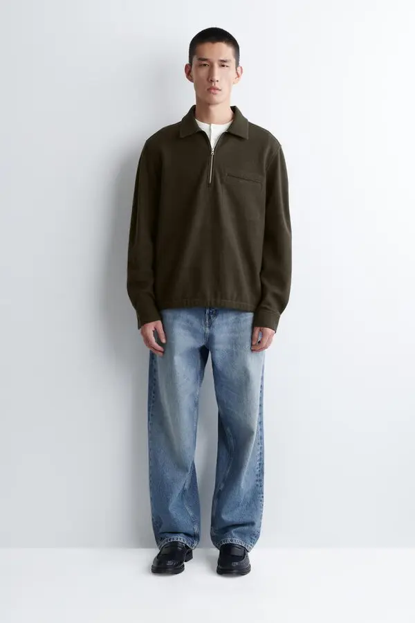 Cos Boiled Wool Zip-up Polo Sweater - Green