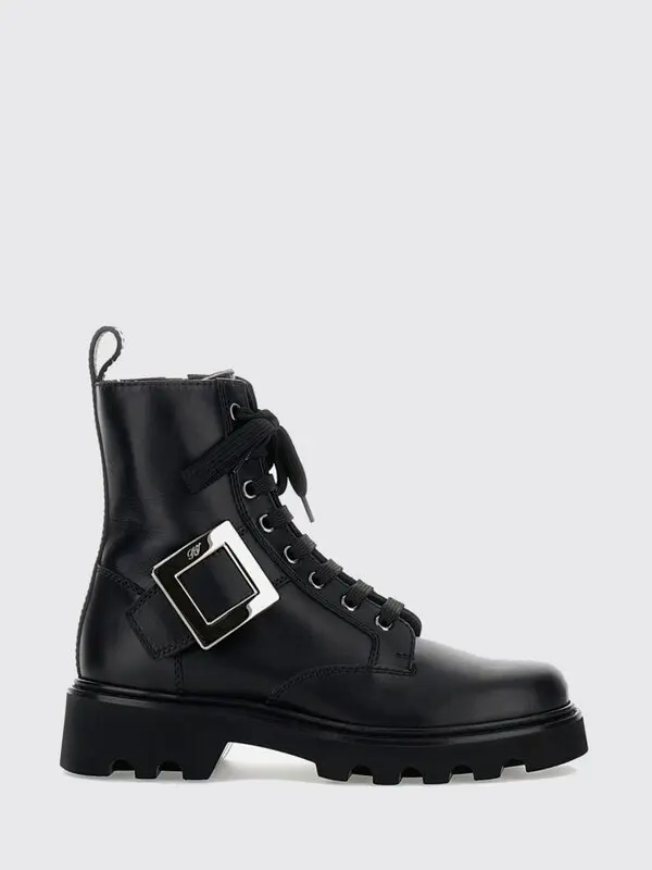 ROGER VIVIER Leather Buckled Combat Boots - Black