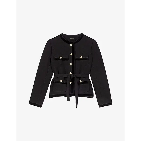 Maje Contrast-trim Belted-waist Tweed Jacket