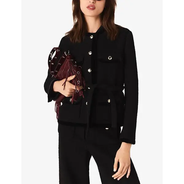 Maje Contrast-trim Belted-waist Tweed Jacket