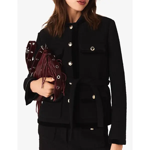 Maje Contrast-trim Belted-waist Tweed Jacket