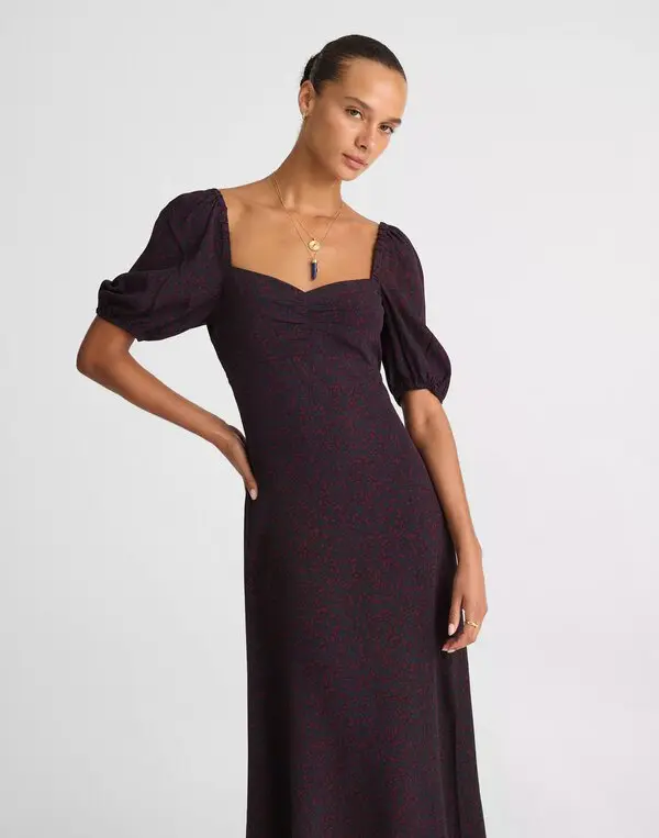 Women's Puff-Sleeve Sweetheart Midi Dress in Abstract Leaf Navy and Burg - Size 00 | Madewell