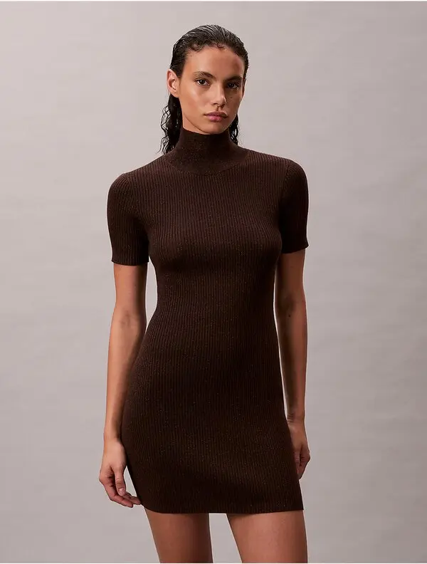 Calvin Klein Lurex Merino Wool Blend Ribbed Sweater Dress - Mocha Brown