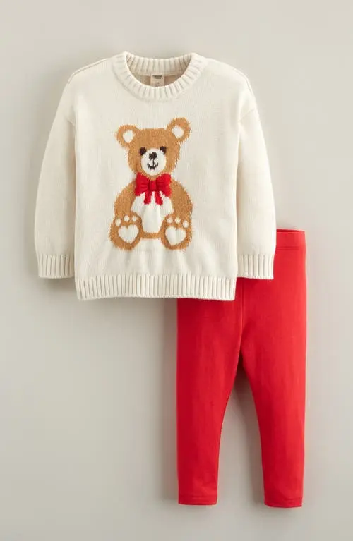 TUCKER + TATE Sweater & Leggings Set - Ivory Egret Teddy Bear- Red