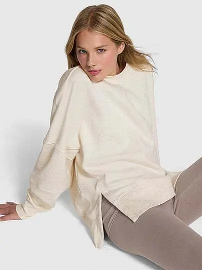 Pink Campus Fleece Tunic Crew Sweatshirt - Beige