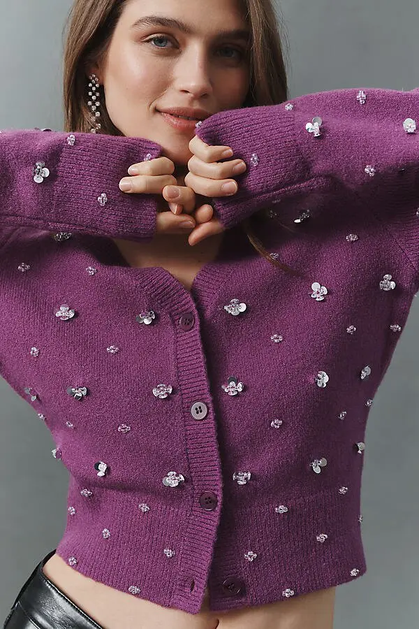 Endless Rose Sequin-embellished Cardigan Sweater - Grape