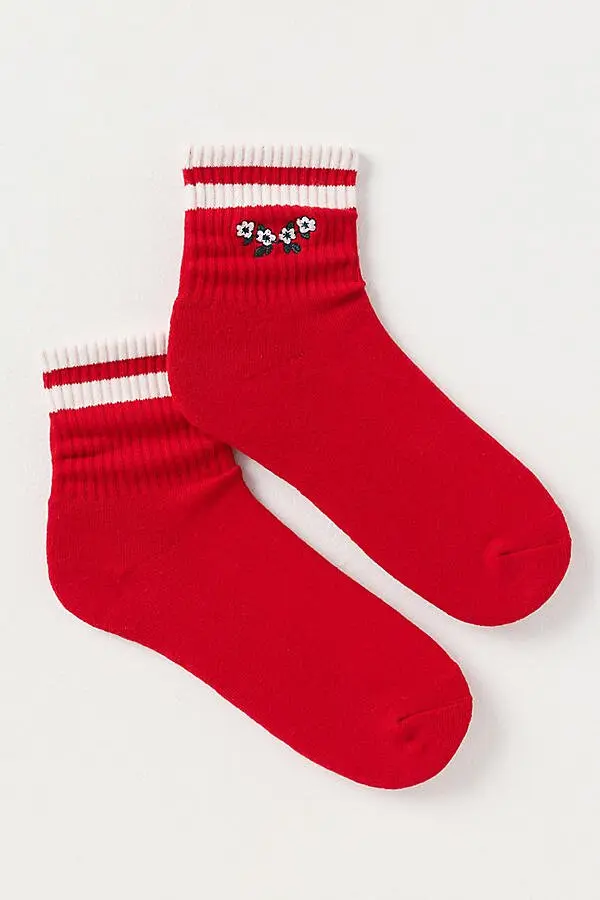 Anthropologie Floral Crew Socks - Red