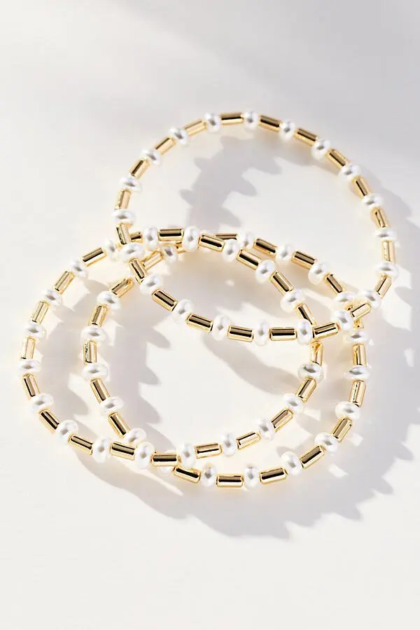 Anthropologie Set Of Pearl Beaded Bracelets - Gold