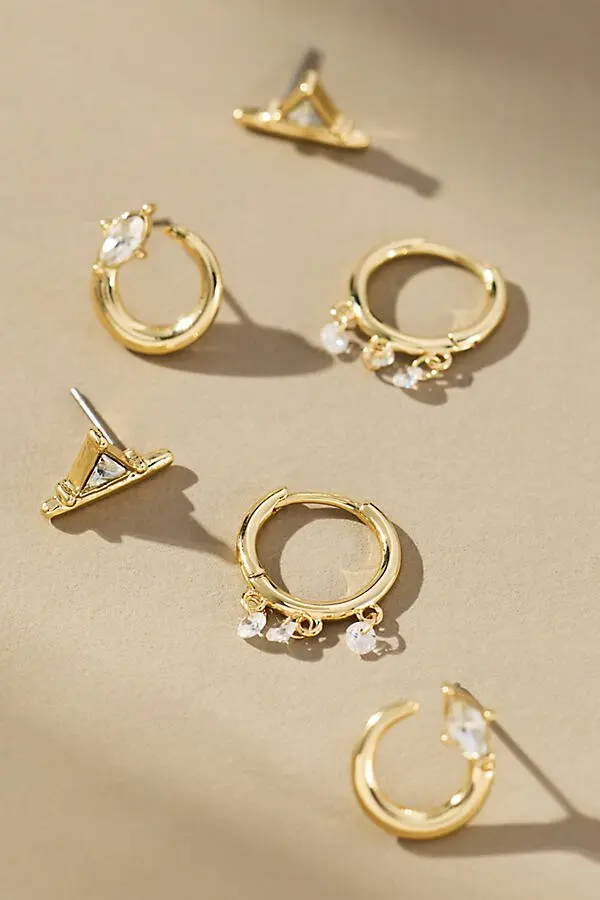 Anthropologie Set Of 3 Crystal Huggie Hoop Earrings - Gold