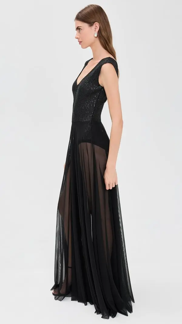 Norma Kamali Double Drop Shoulder Combo Flared Gown