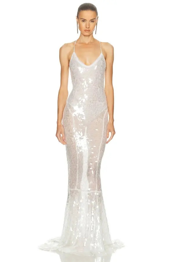 Norma Kamali Low Back Fara Slip Fishtail Gown - Clear & White