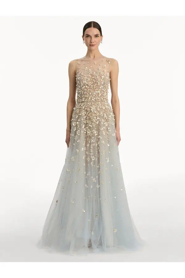 illusion embroidered dress Formal Halter Lace Embroidered Floor-Length Tulle Dress 810411 by Clarisse 4 / Frozen Blue main image 0