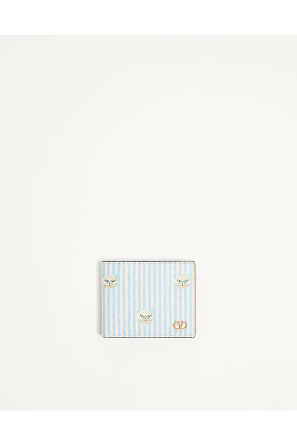Valentino Garavani Vlogo Signature Wallet In Grainy Calfskin With Le Chat De La Maison Print - Gold