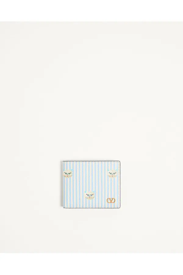 Valentino Garavani Vlogo Signature Wallet In Grainy Calfskin With Le Chat De La Maison Print - Gold