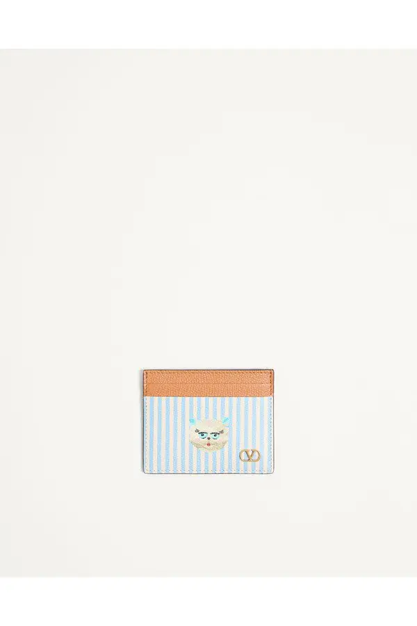 Valentino Garavani Vlogo Signature Wallet In Grainy Calfskin With Le Chat De La Maison Print - Gold