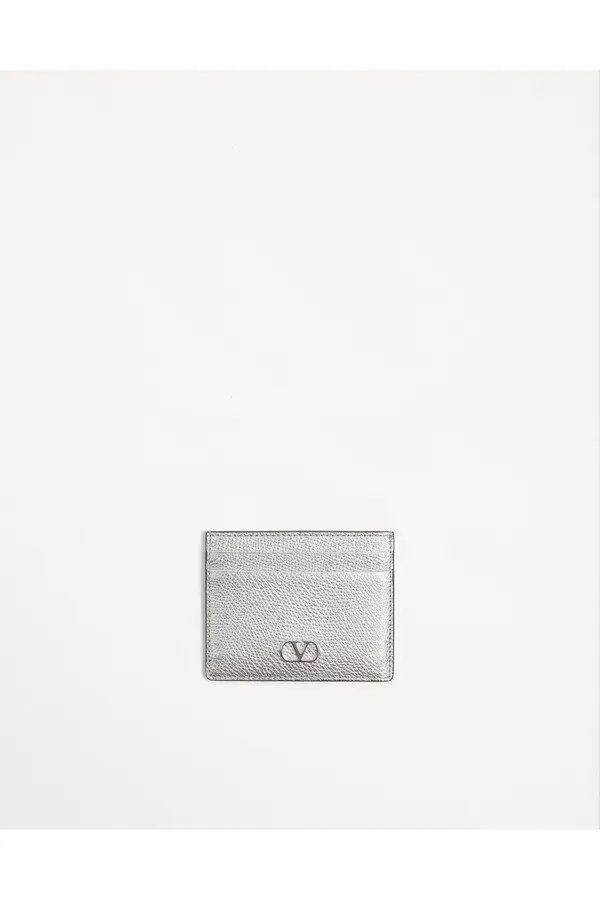 Valentino Garavani Vlogo Signature Cardholder In Laminated Grainy Calfskin - Silver