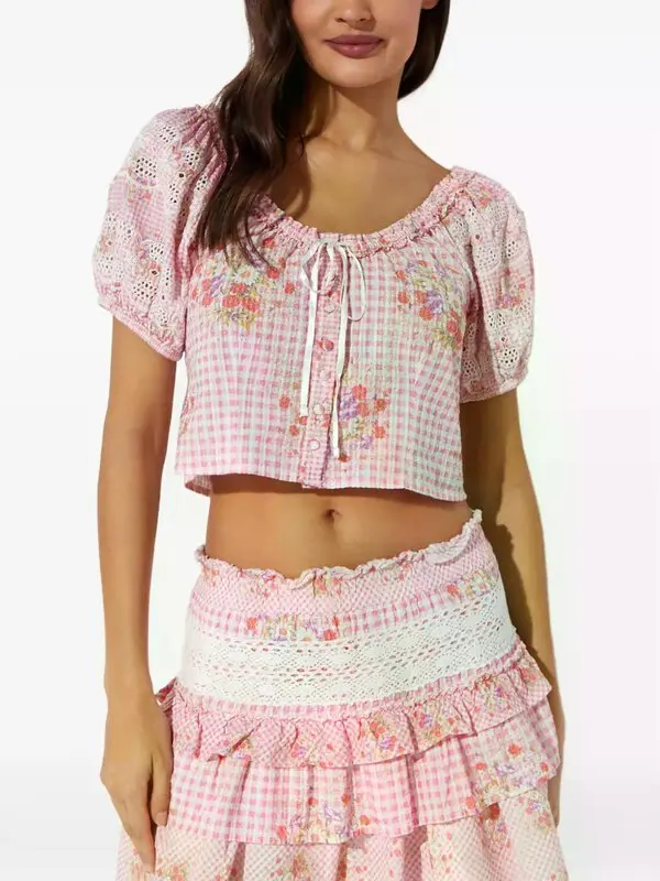 LoveShackFancy Checked-pattern Flower-embellishment Blouse