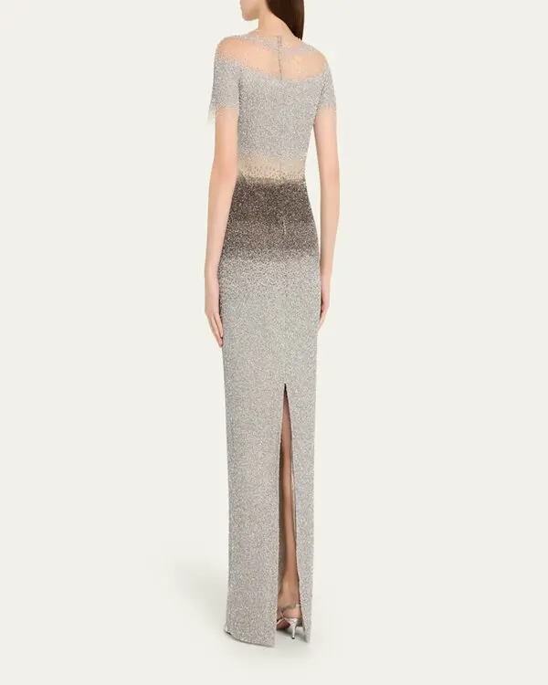 Pamella Roland Ombre Sequined Column Gown - Lt/dk Silv