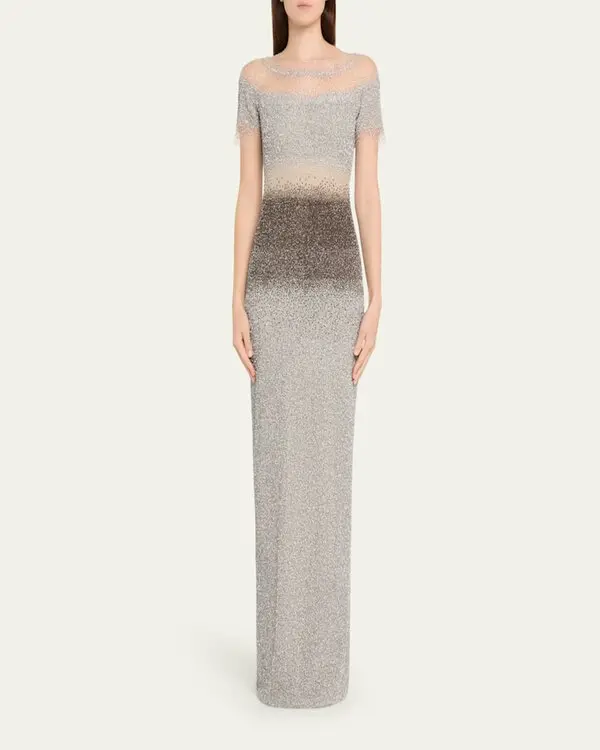 Pamella Roland Ombre Sequined Column Gown - Lt/dk Silv