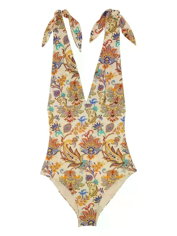 Etro Tie-shoulder Paisley-print Swimsuit - Neutrals