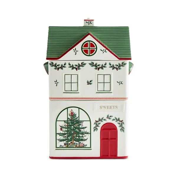 SPODE Christmas Tree Christmas Village Canister - Green