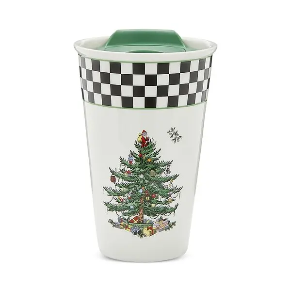 SPODE Christmas Tree Black & White Travel Mug - Green