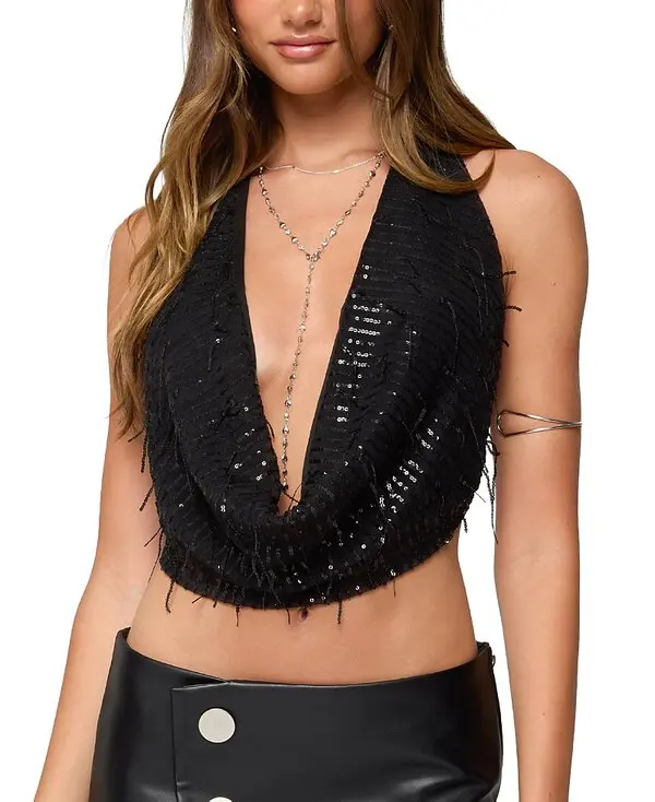EDIKTED Fringed Sequin Halter Top - Black