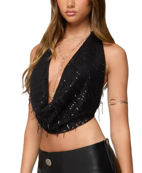 EDIKTED Fringed Sequin Halter Top
