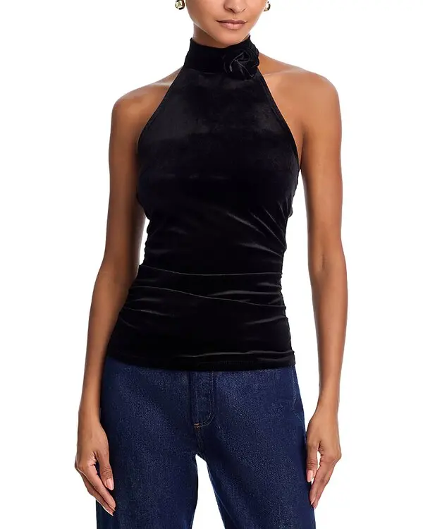 Aqua Rosette Velvet Halter Top - Black